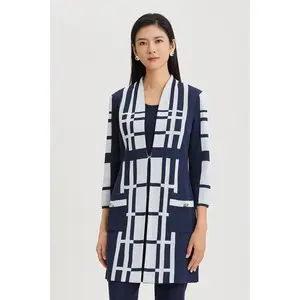 Ming Wang Heritage Two-tone Geometric Knit Duster - Indigo/white