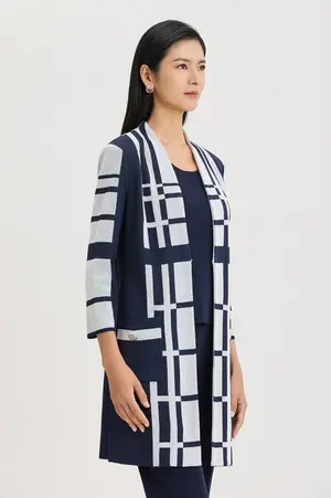 Ming Wang Heritage Two-tone Geometric Knit Duster