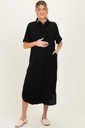PINKBLUSH Button Down Midi Shirt Dress - Black