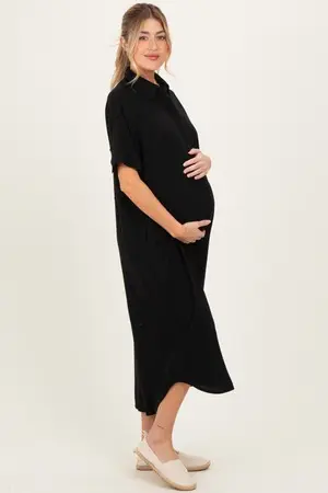 PINKBLUSH Button Down Midi Shirt Dress - Black