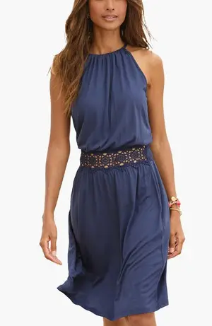LASCANA Crochet Detail High Neck Dress - Navy