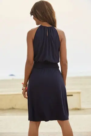 LASCANA Crochet Detail High Neck Dress - Navy