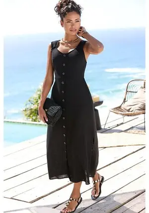 LASCANA Button Detail Maxi Dress - Black