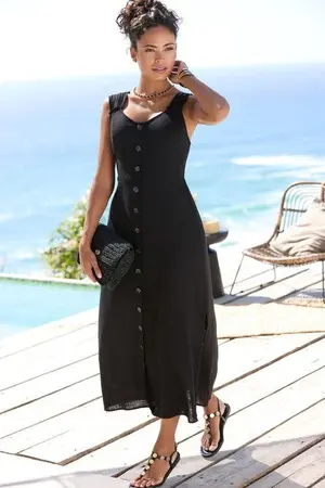 LASCANA Button Detail Maxi Dress With Ruffled Straps And Slit - Black
