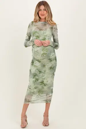PINKBLUSH Floral Mesh Overlay Maxi Dress With Long Sleeves - Light Olive
