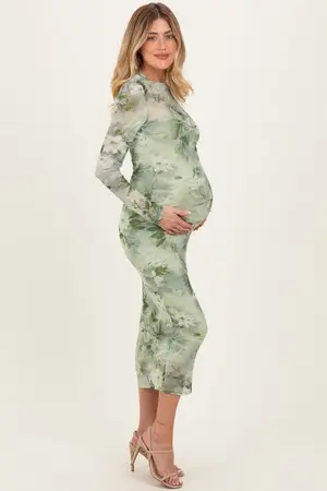 PINKBLUSH Floral Mesh Overlay Maxi Dress With Long Sleeves - Light Olive