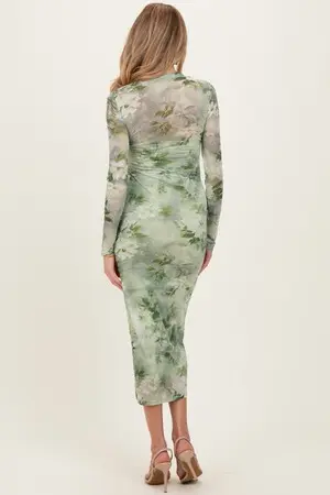 PINKBLUSH Floral Mesh Overlay Maxi Dress With Long Sleeves - Light Olive