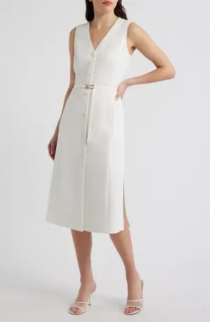 TAHARI ASL Sleeveless Belted Midi Shirt Dress - Ivory