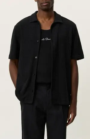 LES DEUX Hector Cotton Blend Pointelle Short Sleeve Shirt - Black