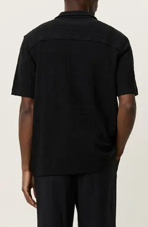 LES DEUX Hector Cotton Blend Pointelle Short Sleeve Shirt - Black