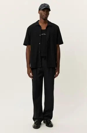 LES DEUX Hector Cotton Blend Pointelle Short Sleeve Shirt - Black