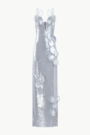 MALVA FLOREA Sequin Maxi Dress With Floral Appliques - Light Blue