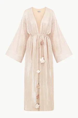 MALVA FLOREA Sequin Cape With Floral Tassel Tie Waist - Beige