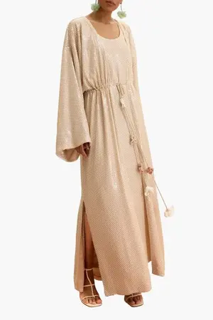 MALVA FLOREA Sequin Cape With Floral Tassel Tie Waist
