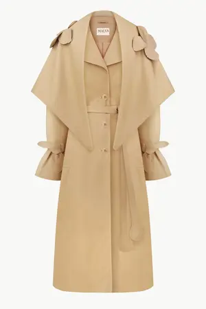 MALVA FLOREA Relaxed Trench Coat With Detachable Scarf And Floral Appliqués - Beige