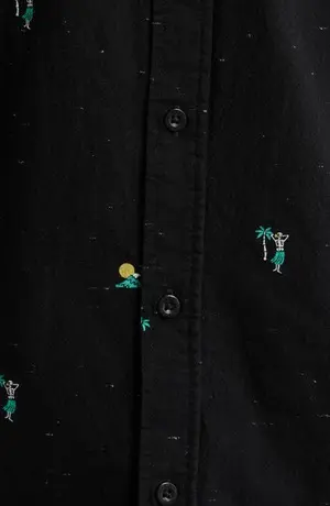 Rip Curl Skelly Breach Tropical Print Short Sleeve Cotton Chambray Button-down Shirt - Black