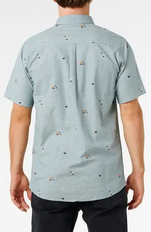 Rip Curl Skelly Breach Tropical Print Short Sleeve Cotton Chambray Button-down Shirt - Bluestone