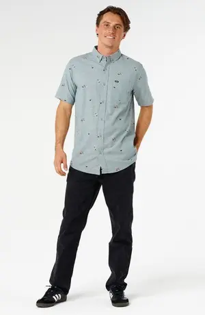Rip Curl Skelly Breach Tropical Print Short Sleeve Cotton Chambray Button-down Shirt - Bluestone