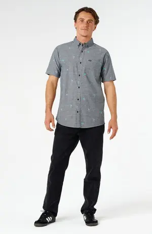 Rip Curl Skelly Breach Tropical Print Short Sleeve Cotton Chambray Button-down Shirt