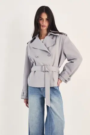 Nasty Gal Double Breasted Short Trench Coat - Grey