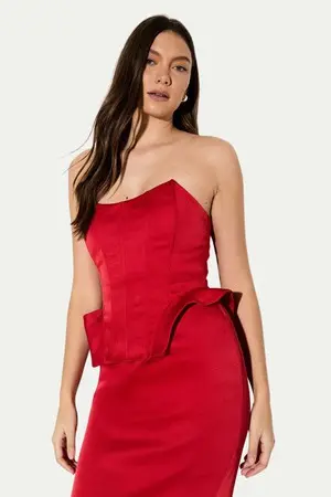 MISSPAP Premium Bonded Satin Corset Midaxi Dress - Red