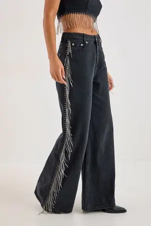 Nasty Gal Denim Diamanté Tassel Straight Leg Jeans - Washed Black