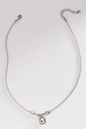 Anthropologie Bezel Crystal Pendant Ball Chain Necklace - Emerald Silver