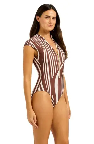 Seafolly Zip Cap-sleeve One-piece Swimsuit