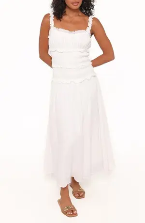 PETAL & PUP Enola Shirred Ruffle Trim Midi Dress - White