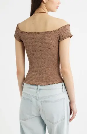 Bp. Off-the-shoulder Smocked Top - Brown Fresco
