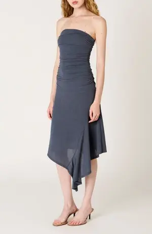 NIA Sabela Ruched Strapless Asymmetric Midi Dress
