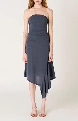 NIA Sabela Ruched Strapless Asymmetric Midi Dress