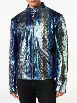 Philipp Plein Python-leather Biker Jacket - Blue