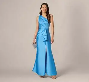 Adrianna Papell One-shoulder Draped Mikado Gown - Cool Cloud
