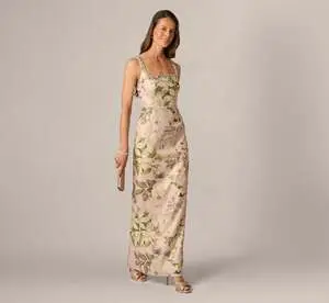 Adrianna Papell Beaded Floral Jacquard Gown - Blush Multi
