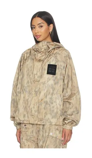 GANNI Printed Flyweight Nylon Hooded Jacket - Beige