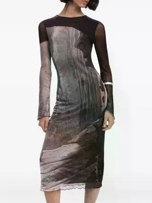 Desigual Printed Long-sleeve Midi Dress - Brown