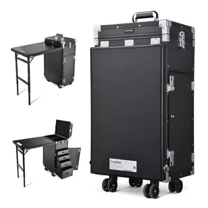 BYOOTIQUE Aluminum Rolling Makeup Train Case With Table Salon Nail Trolley Cosmetic Organizer - Black