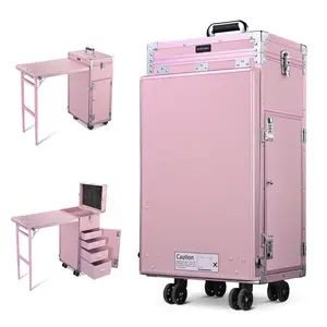 BYOOTIQUE Aluminum Rolling Makeup Train Case With Table Salon Nail Trolley Cosmetic Organizer - Pink