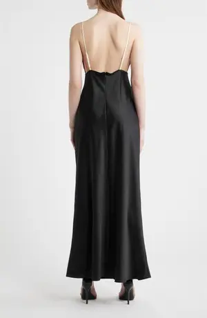 WAYF Ottilie Lace Bodice Open Back Satin Gown - Black