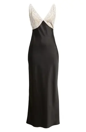 WAYF Ottilie Lace Bodice Open Back Satin Gown - Black