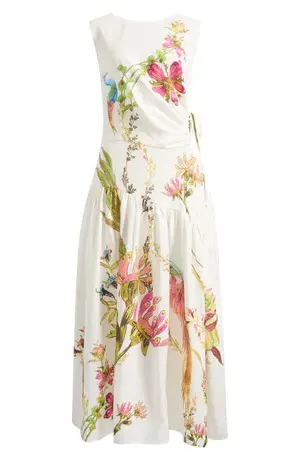 REISS Bianca Placed Floral Linen Dress
