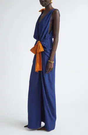 Saint Laurent Bow Detail Silk Satin Wrap Maxi Dress