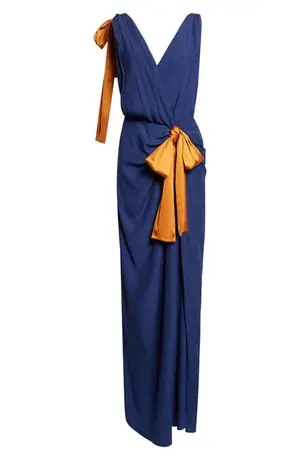 Saint Laurent Bow Detail Silk Satin Wrap Maxi Dress