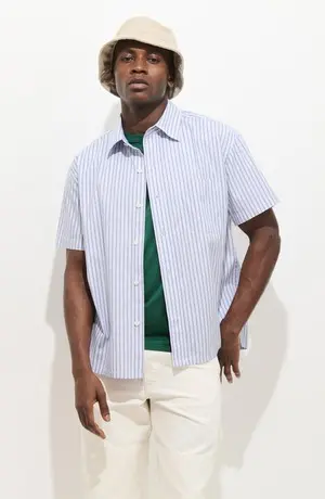ALEX MILL Franklin Short Sleeve Stripe Cotton Button-up Shirt