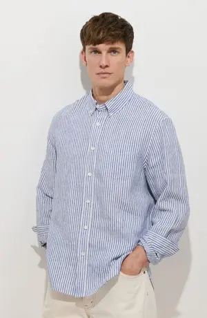ALEX MILL Mill Stripe Linen Button-down Shirt - Blue/white