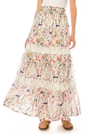 A COLLECTIVE STORY Floral Print Crochet Trim Maxi Skirt - Bright White