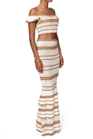 JLUXLABEL Striped Crochet Knit Skirt Set - Beige