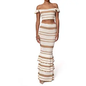 JLUXLABEL Striped Crochet Knit Skirt Set - Beige