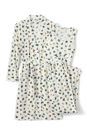 LANDS' END Brushed Cozy Waffle Jersey 3 Piece Pajama Settank Top Pant And Robe - Ivory Holly